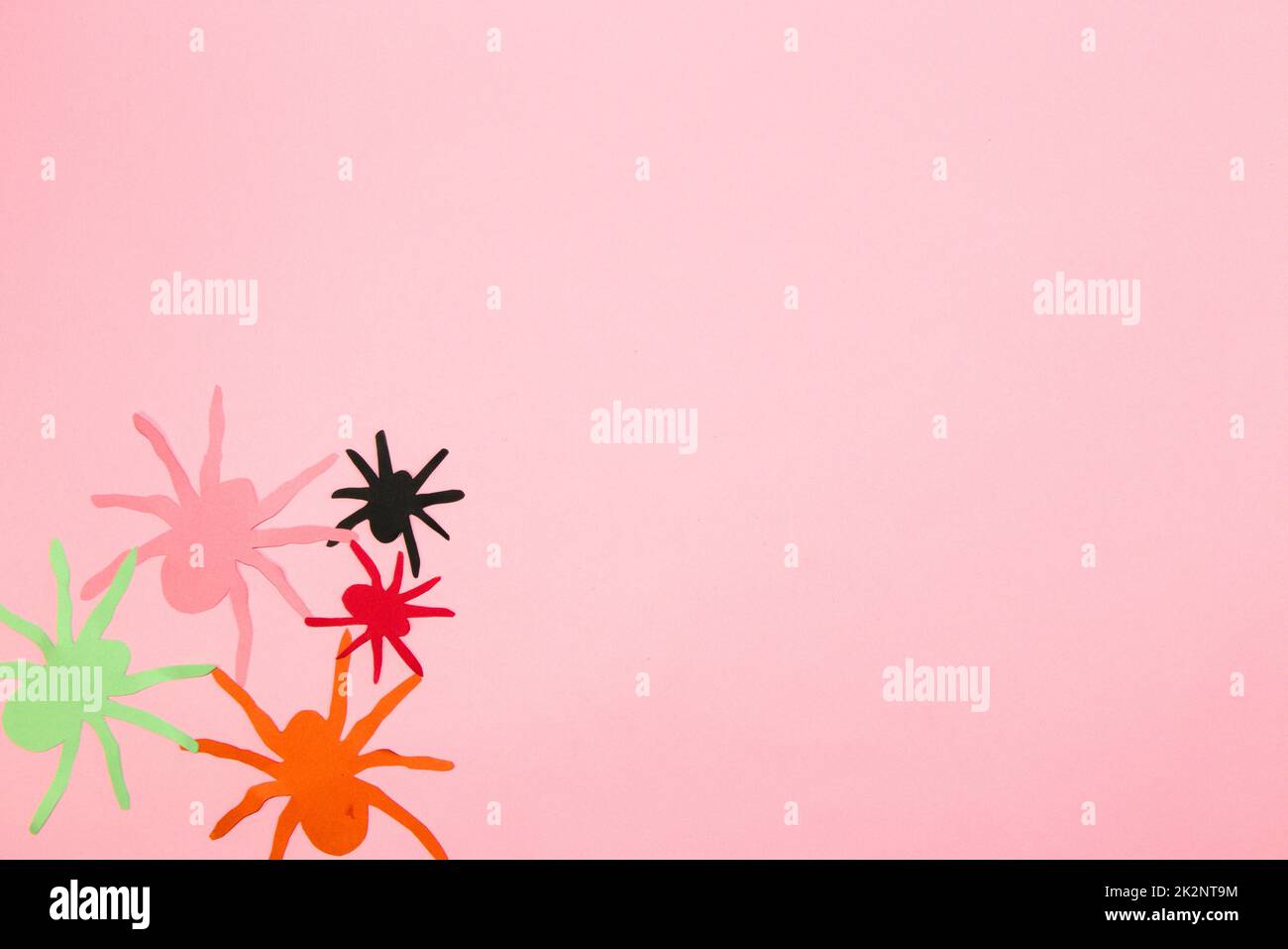 colorful paper spiders in the corner of the background, pink copy space ...