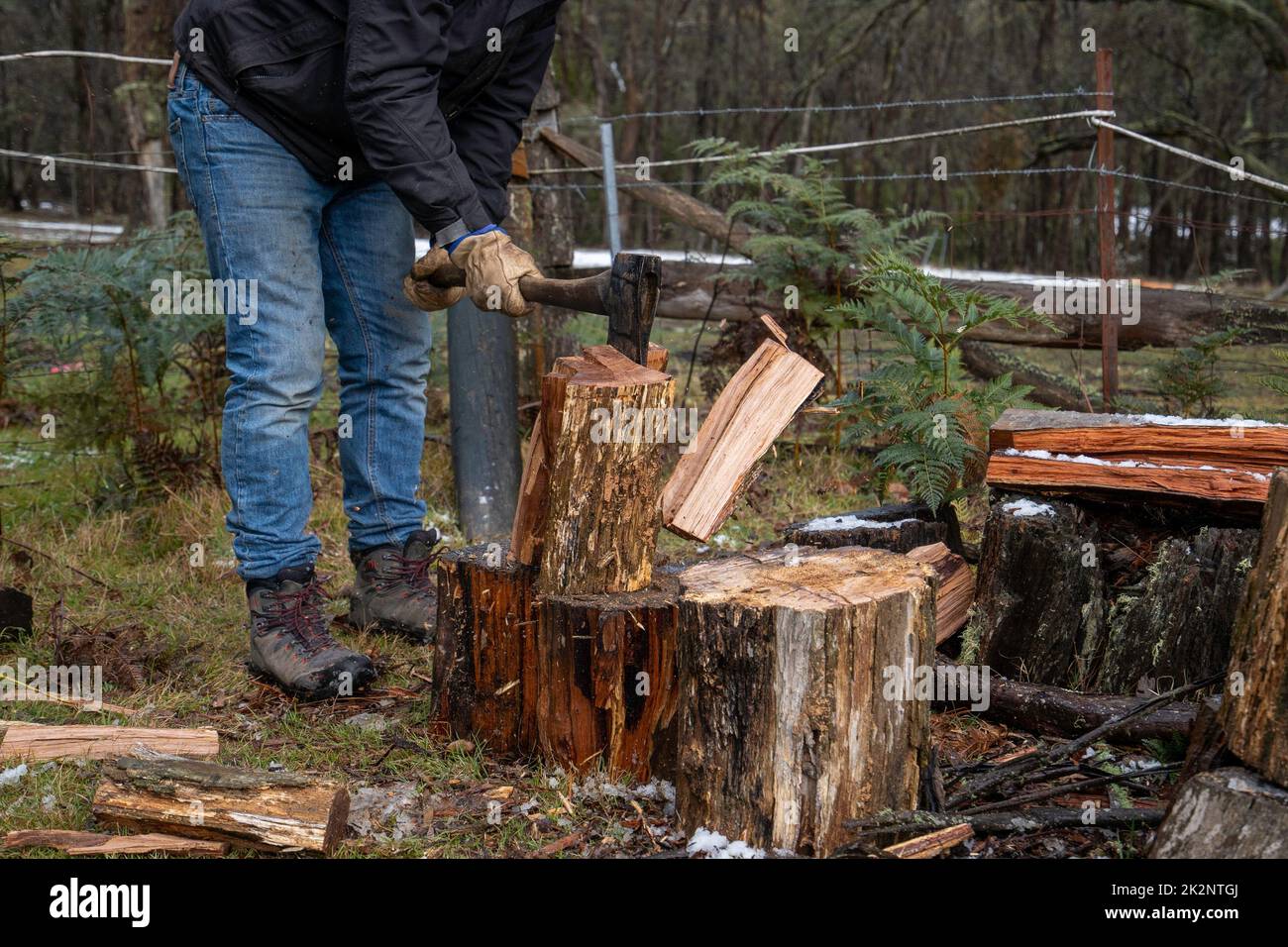 A closeup shot of a male cutting large wooden logs with an axe outdoors ...