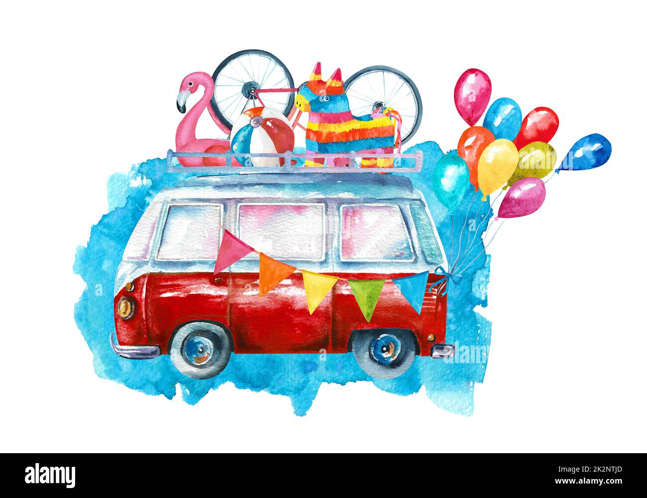 Watercolor minivan. Old minivan for travel with luggage on the roof ...