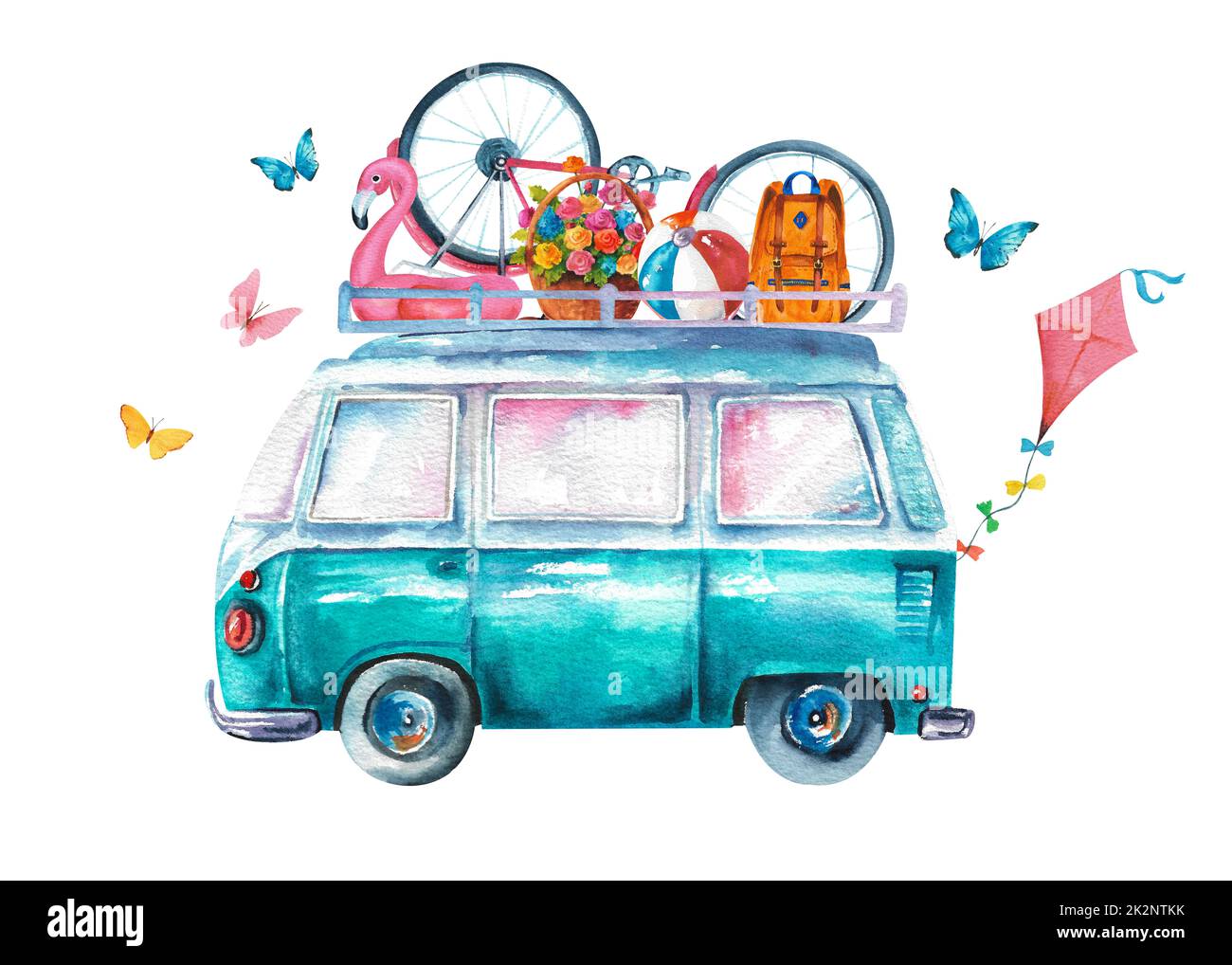 Watercolor minivan. Old minivan for travel with luggage on the roof ...