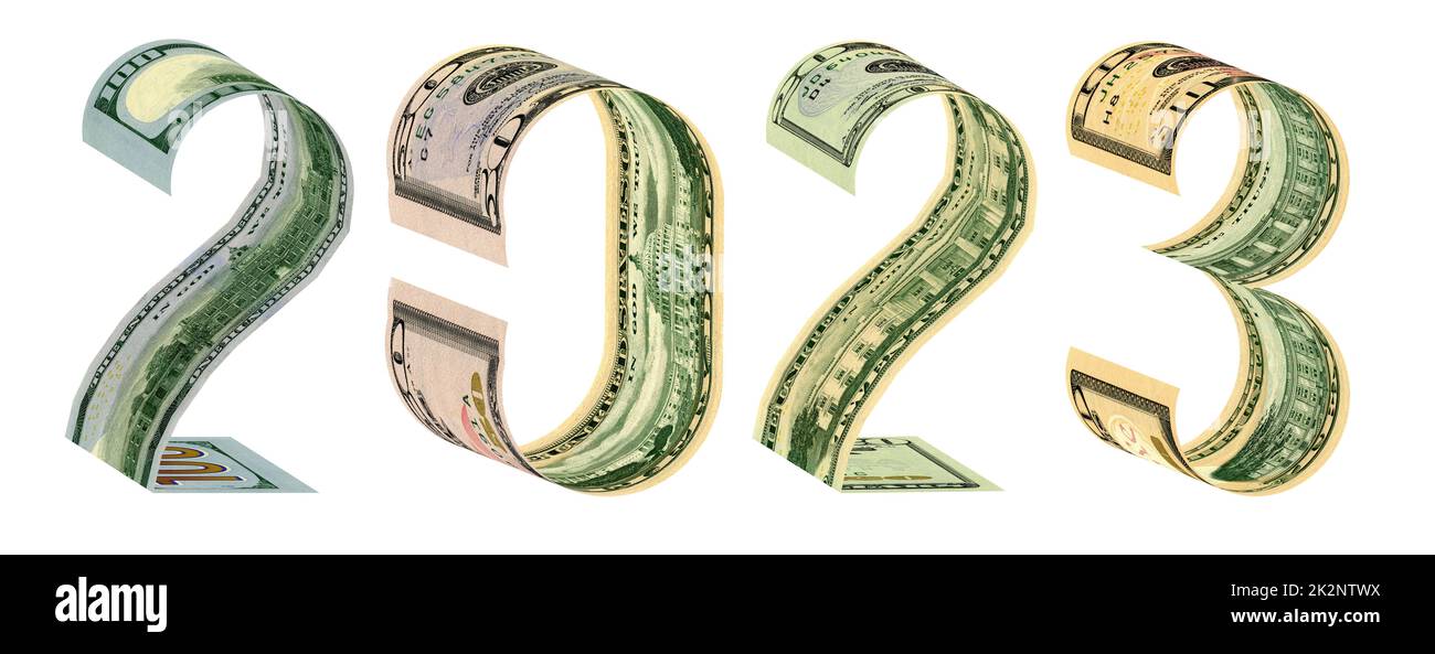 The inscription 2023 made of 100, 50, 20, 10 dollar banknotes 3D ...