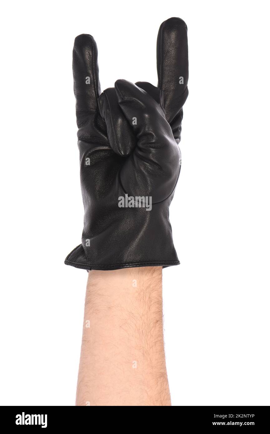 Man wearing black leather glove on white background, closeup. Side view ...