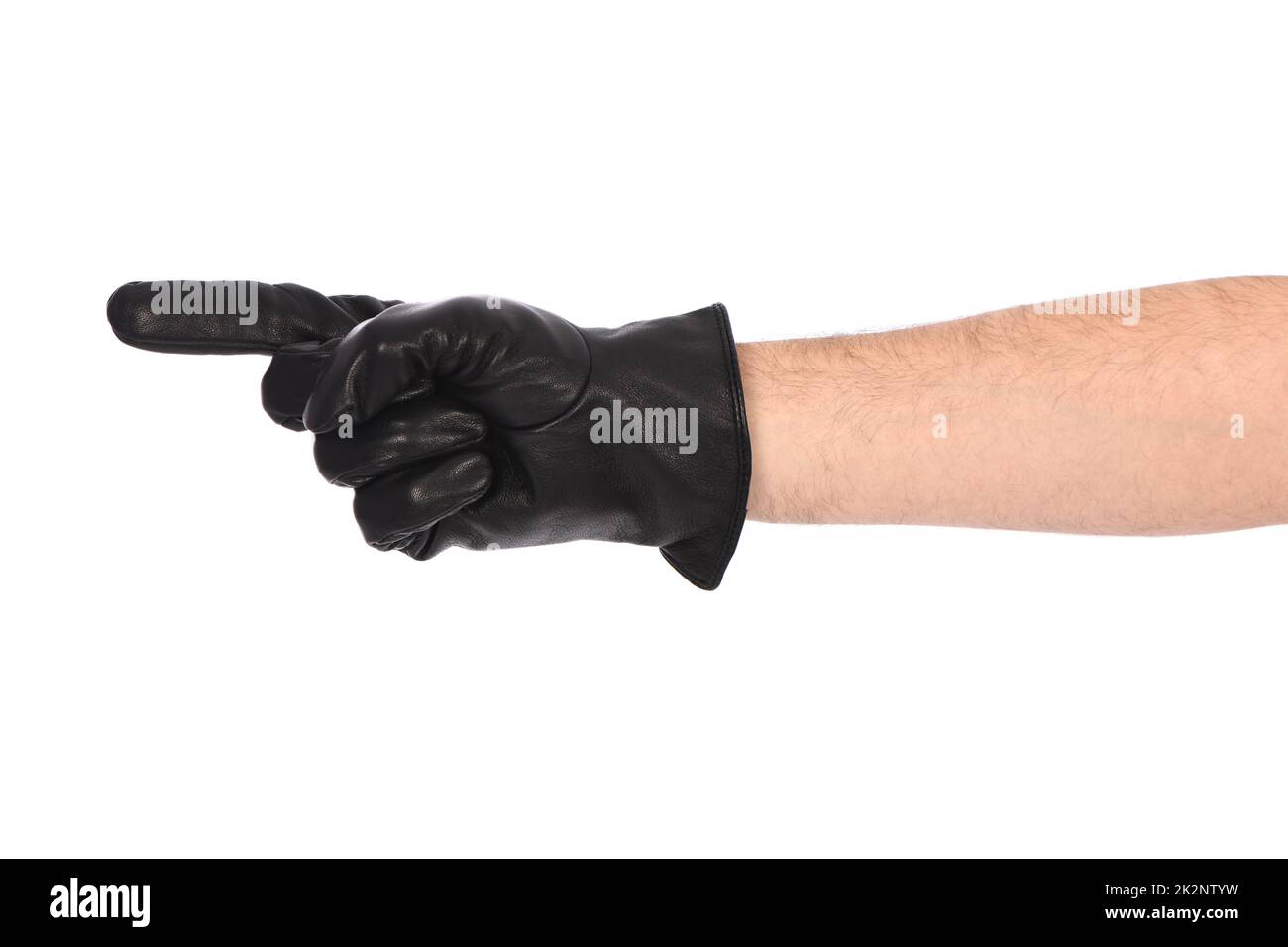 Man wearing black leather glove on white background. Close-up black ...