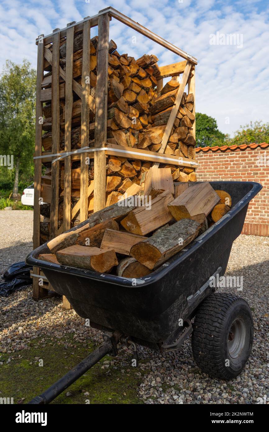 Heating with wood: Unloading a pallet of logs for a winter stockpile of ...