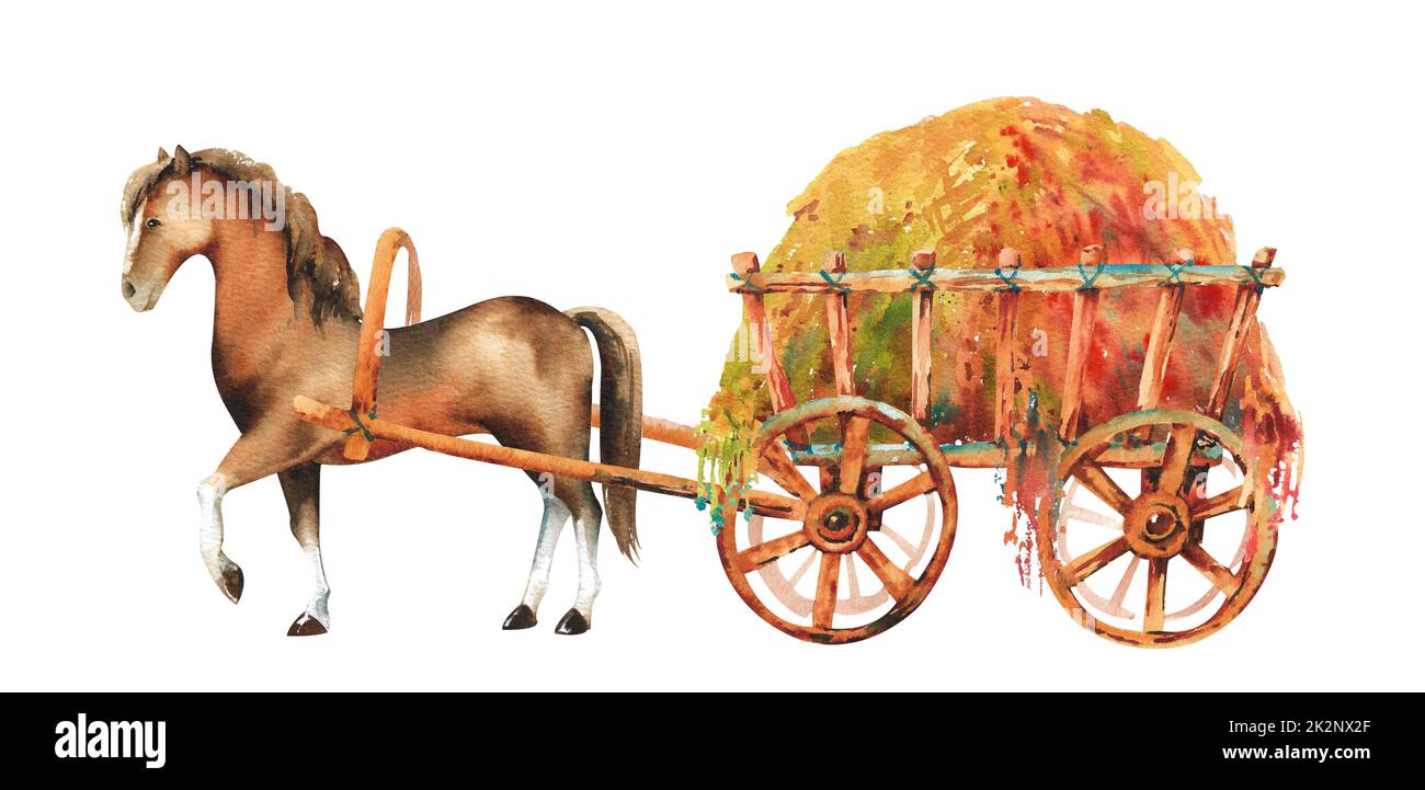 Watercolor wooden wagon. An old wooden cart full of hay with a horse ...