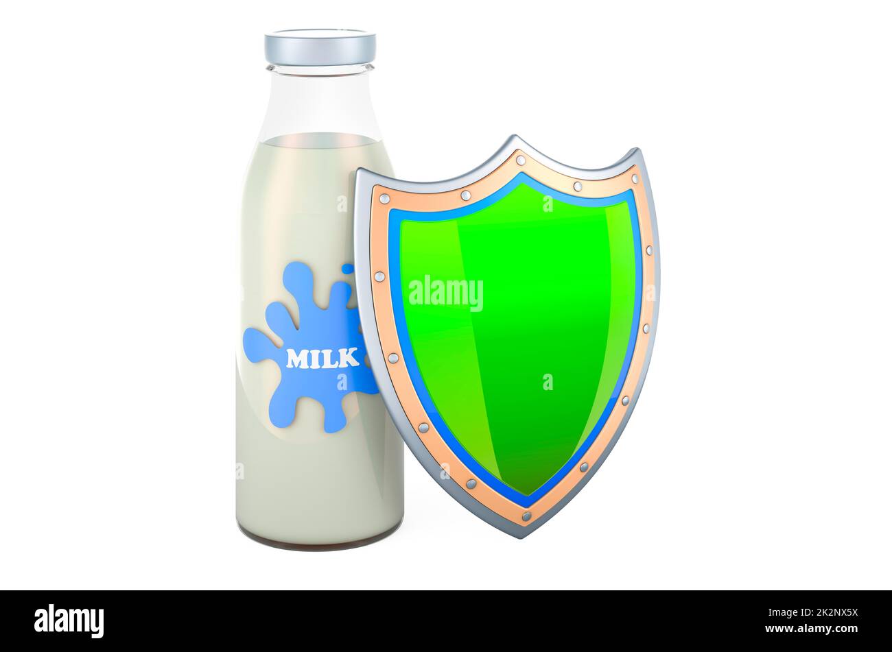 Milk bottle with shield, 3D rendering isolated on white background ...