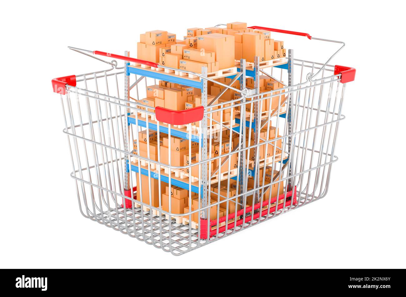 Shopping basket pallet rack full of parcels. 3D rendering isolated on ...