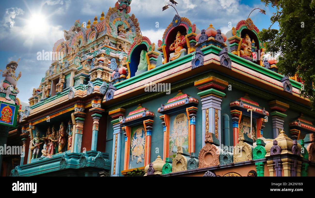 The exterior design of Pondicherry India Hindu temple in full colors ...