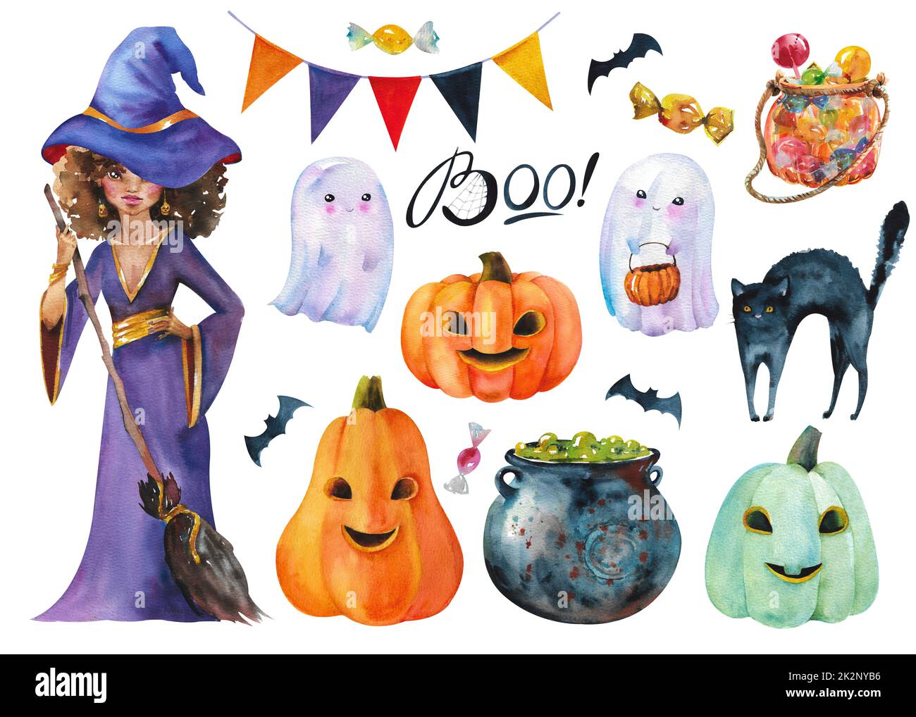 Watercolor collage for halloween. Pumpkins, witch, ghosts, flags, vat ...