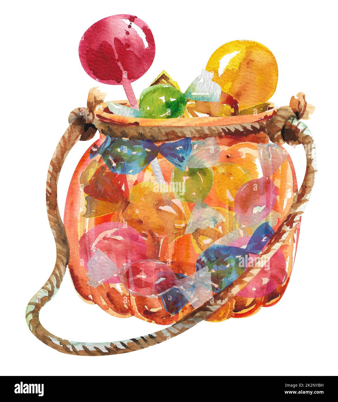 Watercolor basket for sweets. Orange glass basket on a string, for ...