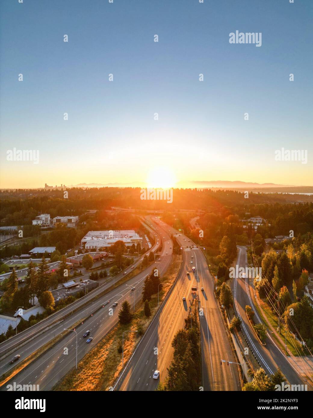 An aerial view of a freeway during a sunset Stock Photo - Alamy