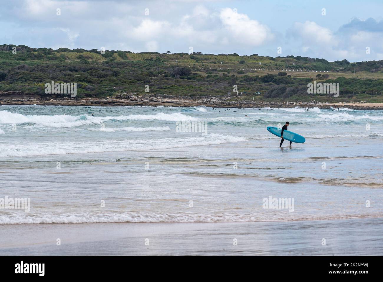 A beautiful shot of a surfer walking on low water with a surfboard ...