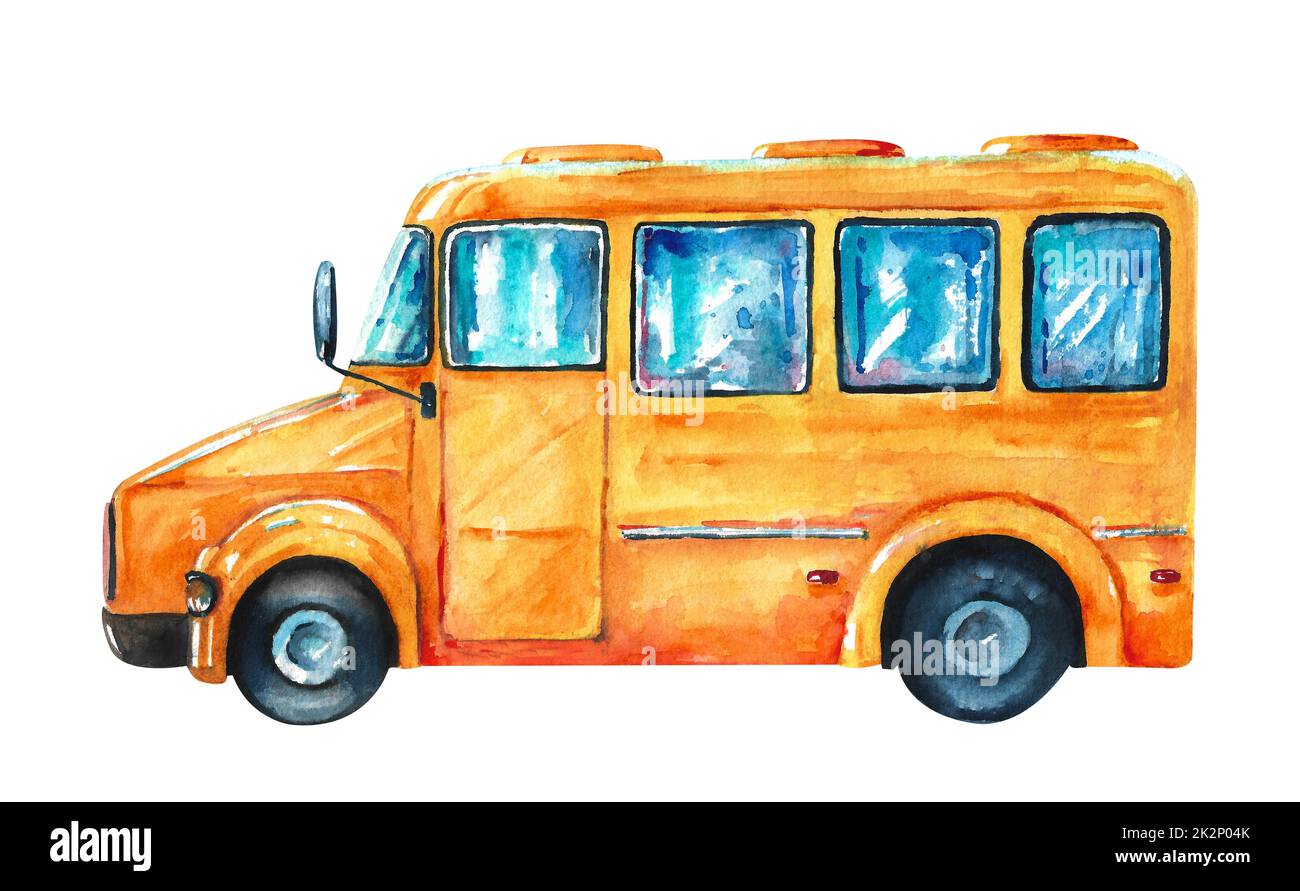 Watercolor bus. Yellow school bus on a white background Stock Photo - Alamy