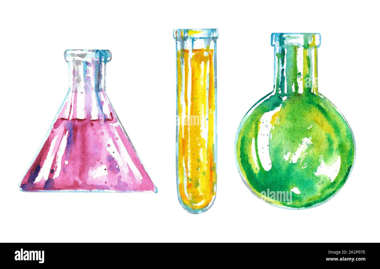 Watercolor flasks. Chemical test tubes of various shapes with multi ...