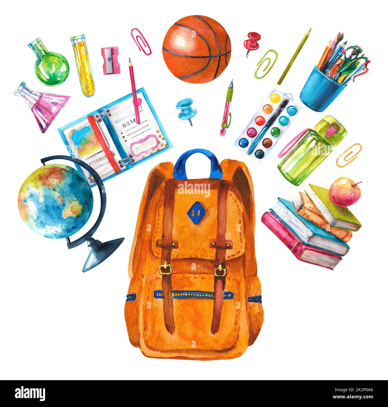 Watercolor school set. Backpack, globe, books and other tools Stock ...