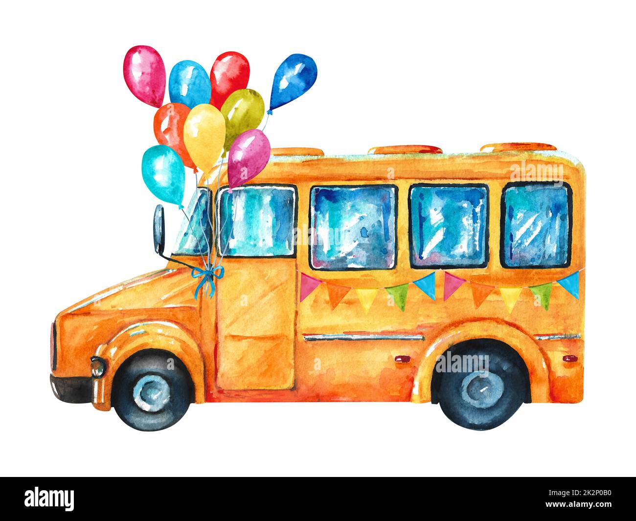 Watercolor school bus. Yellow bus with colorful balls and flags Stock ...