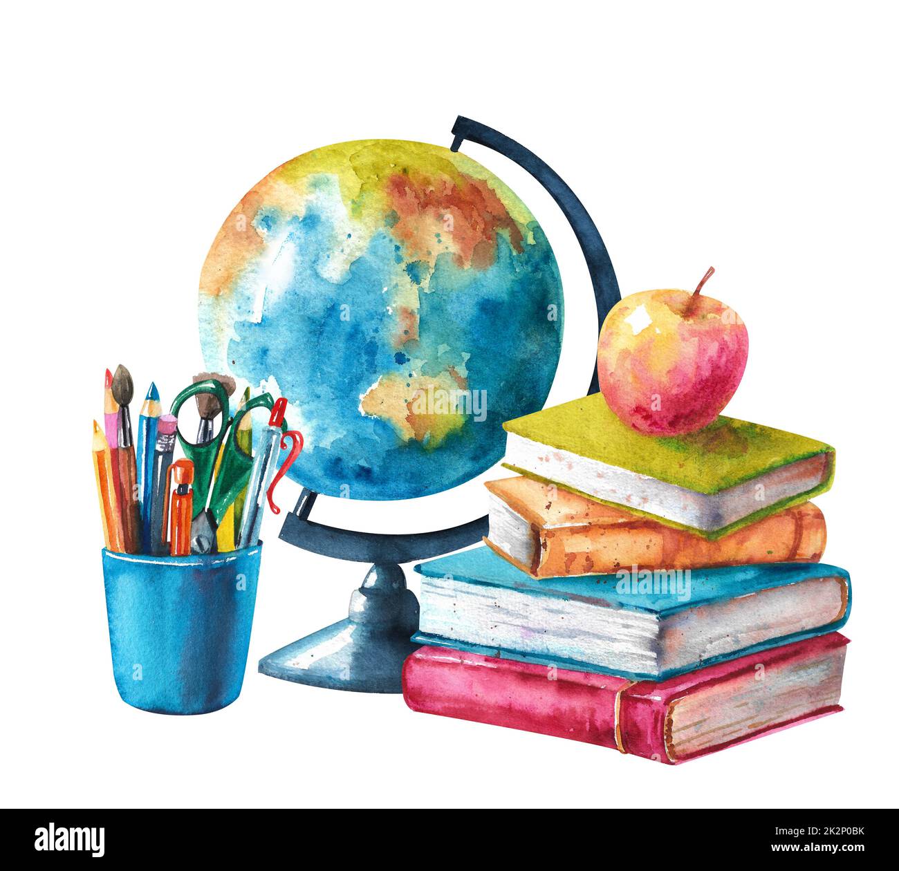 Watercolor school set. A stack of books, a pencil case, a glass and an ...