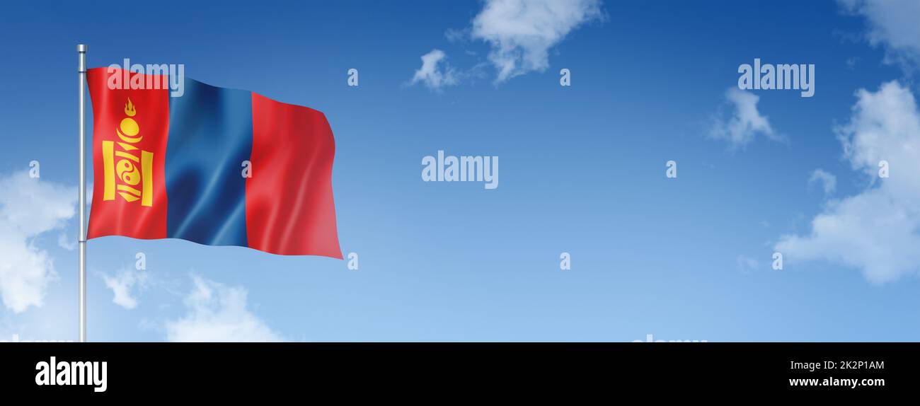 Mongolia flag isolated on a blue sky. Horizontal banner Stock Photo - Alamy
