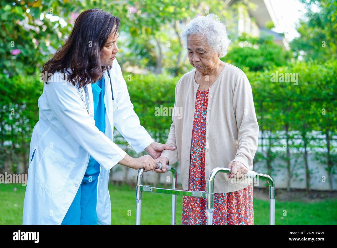 Doctor help Asian elderly woman disability patient walk with walker in ...