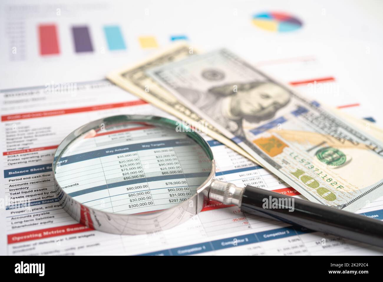 Magnifying glass and US dollar banknotes on spreadsheet and charts ...