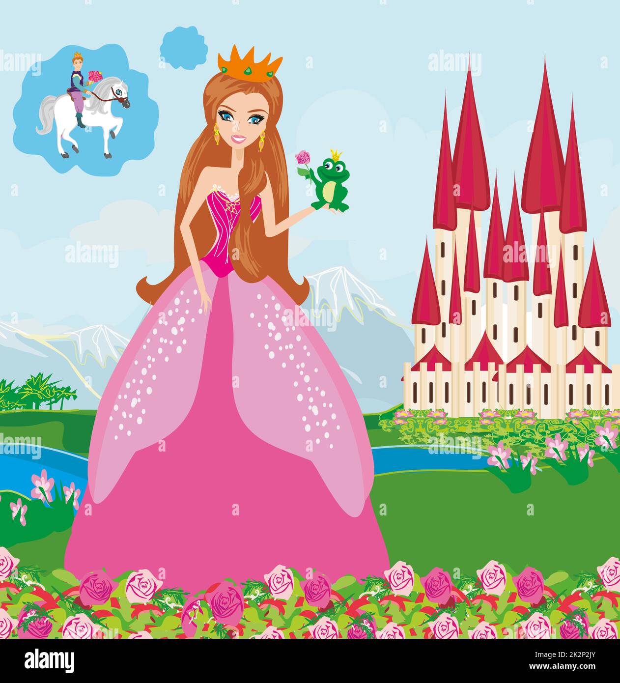 Beautiful young princess and big frog Stock Photo - Alamy
