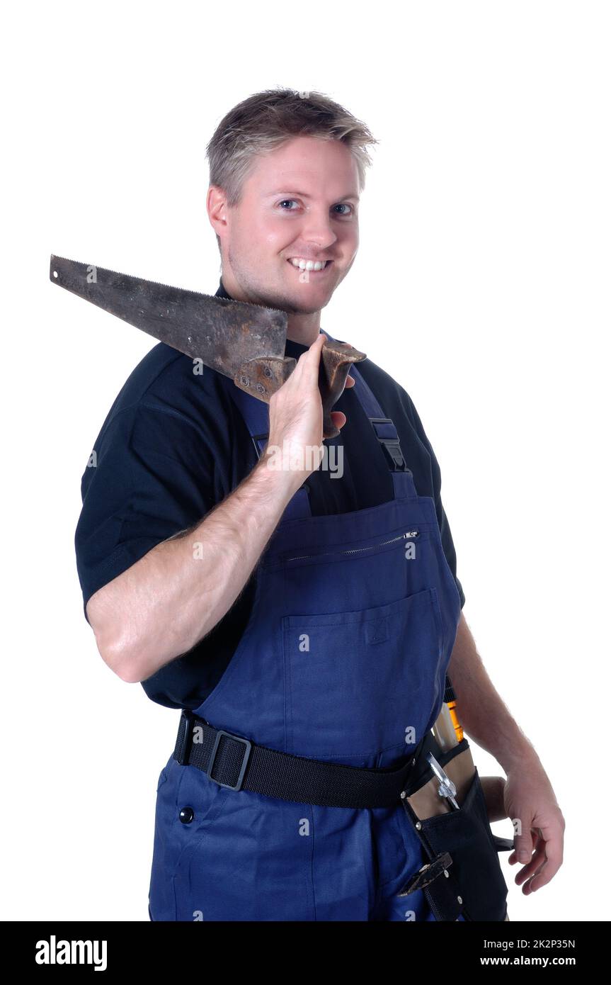 Portrait of a young craftsman, worker, fitter against white background ...