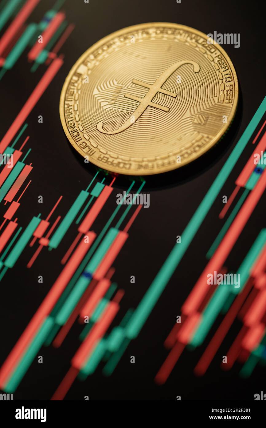 Gold Filecoin with candle stick graph chart and digital background ...