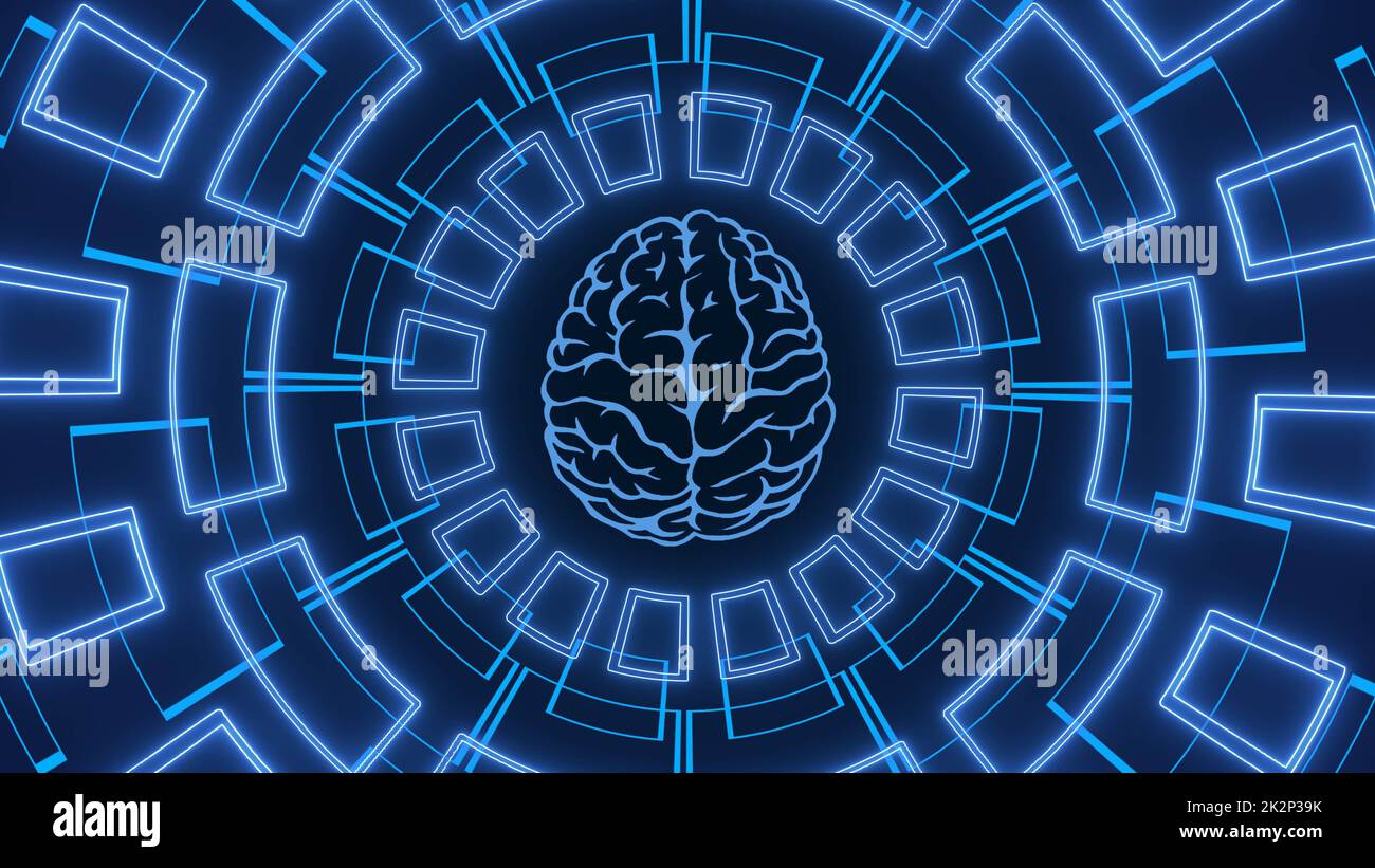 Technology background - Brain surrounded by graphic elements in blue ...