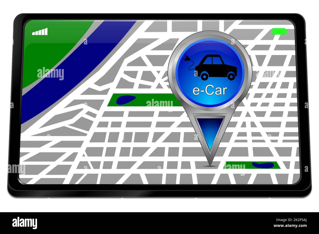 Tablet computer with blue e-Car Map Pointer - 3D illustration Stock ...