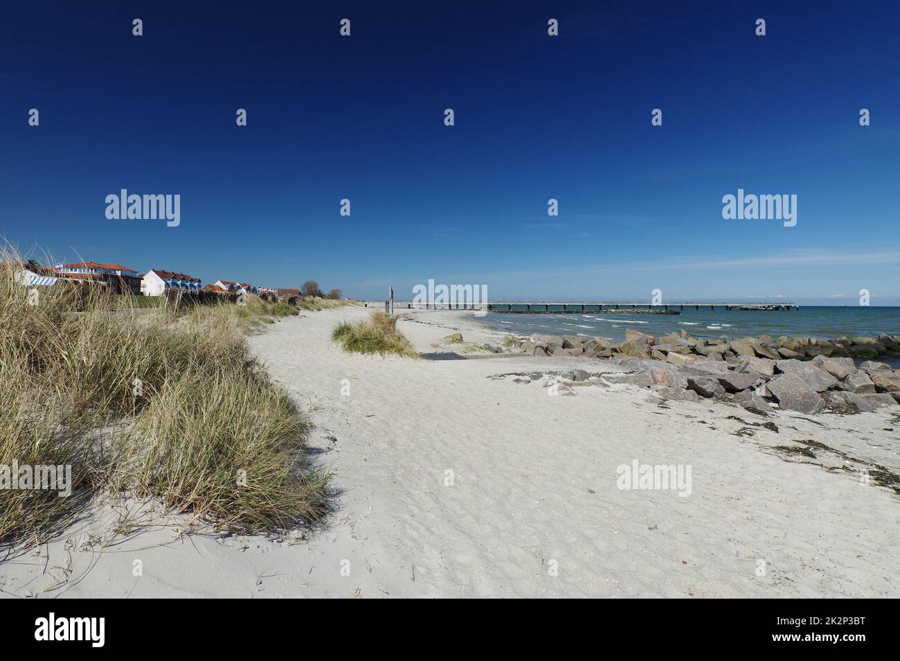 On the beach, baltic Sea, houses, sea bridge and stone groynes, SchÃ ...