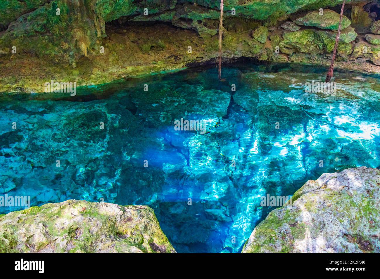 Blue turquoise water limestone cave sinkhole cenote Tajma ha Mexico ...