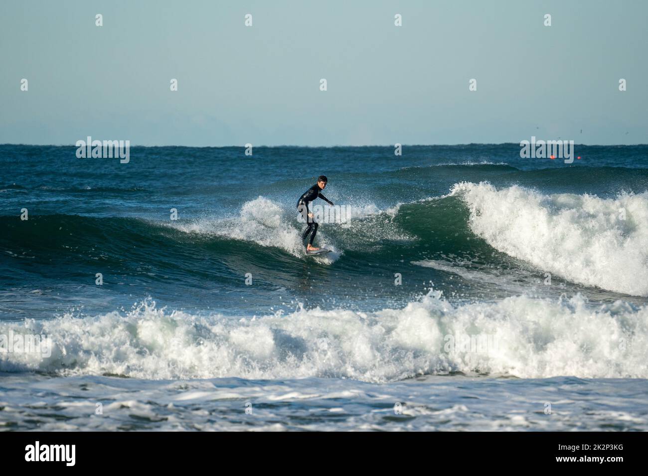 A young surfer catching waves before work on an early Friday morning at ...