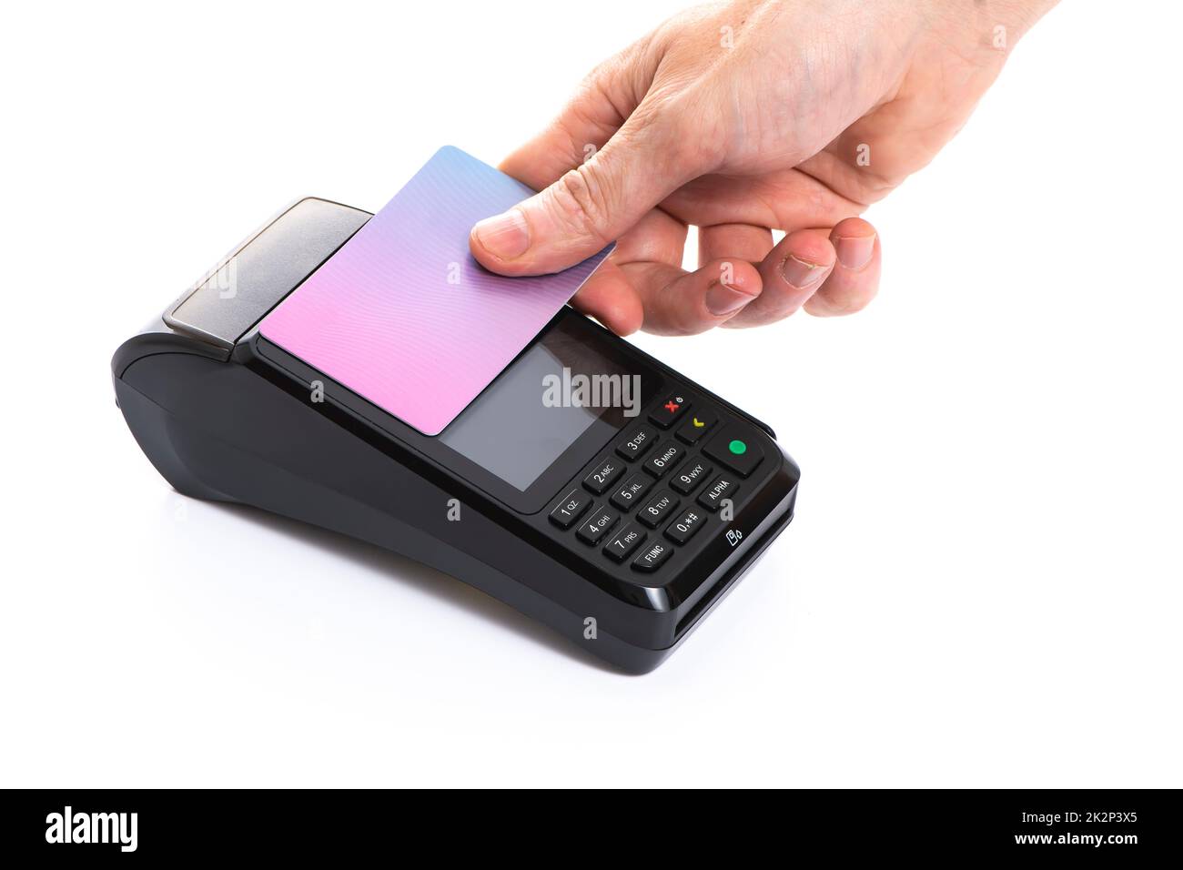 Attached plastic card to the payment terminal with a man's hand on a ...