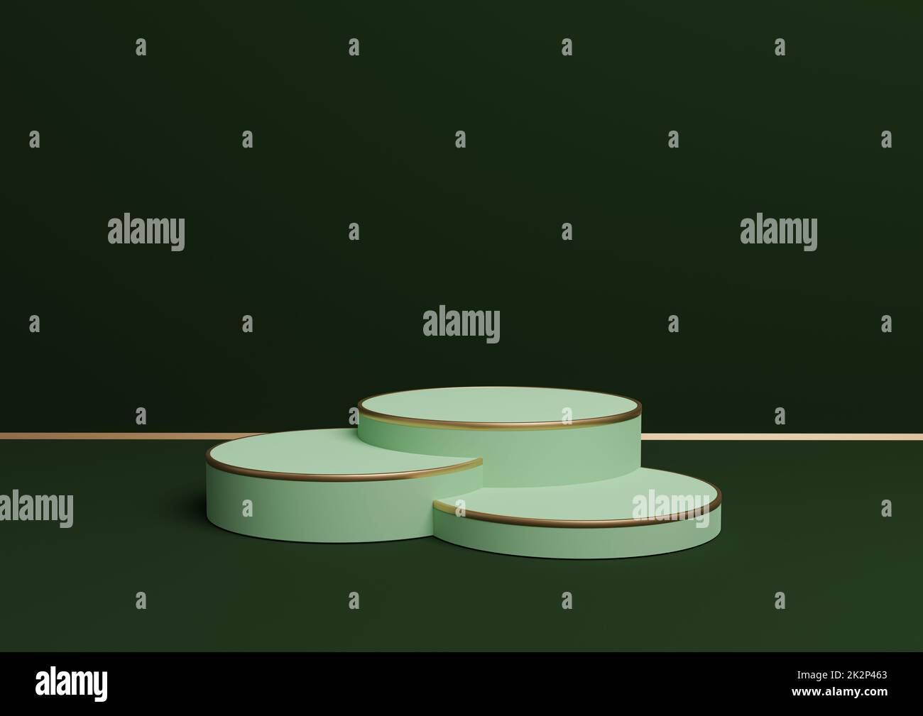 Dark, warm green 3D rendering simple product display with three podiums or stand with golden ...