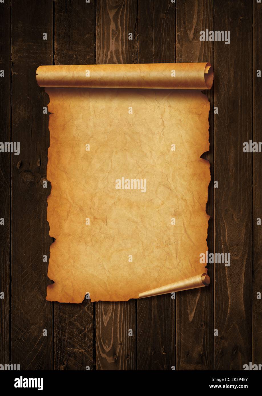 Old mediaeval paper sheet. Parchment scroll on a wood board Stock Photo ...
