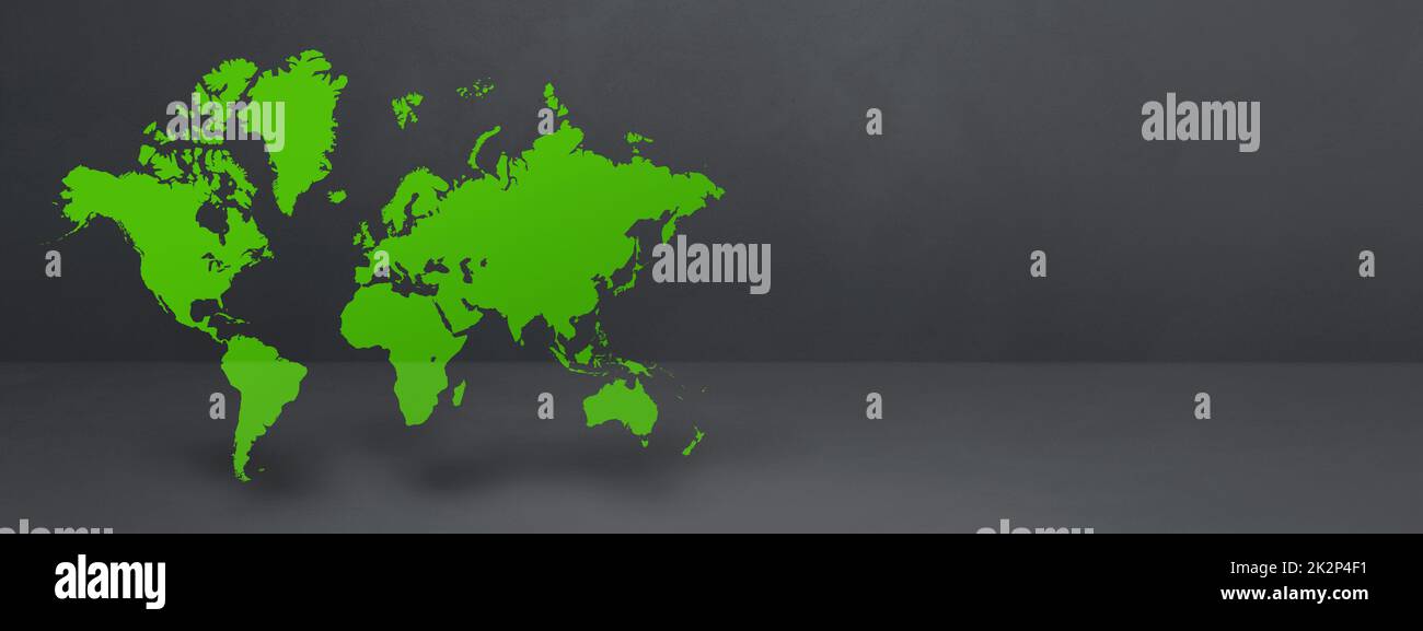 Green world map on black concrete wall background. 3D illustration ...