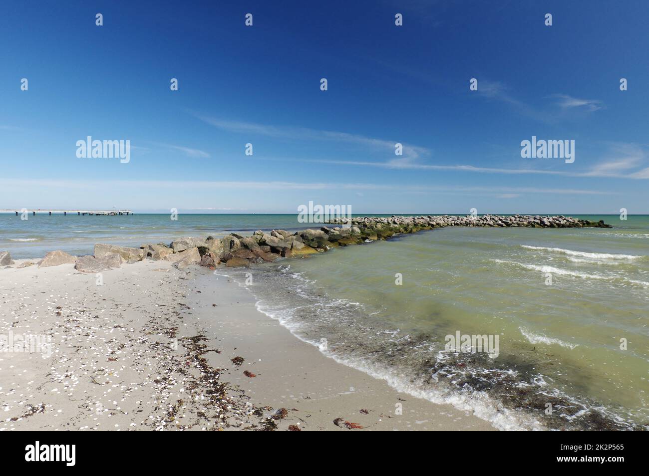 On the beach, baltic Sea, sea bridge and stone groynes, SchÃ¶nberger ...