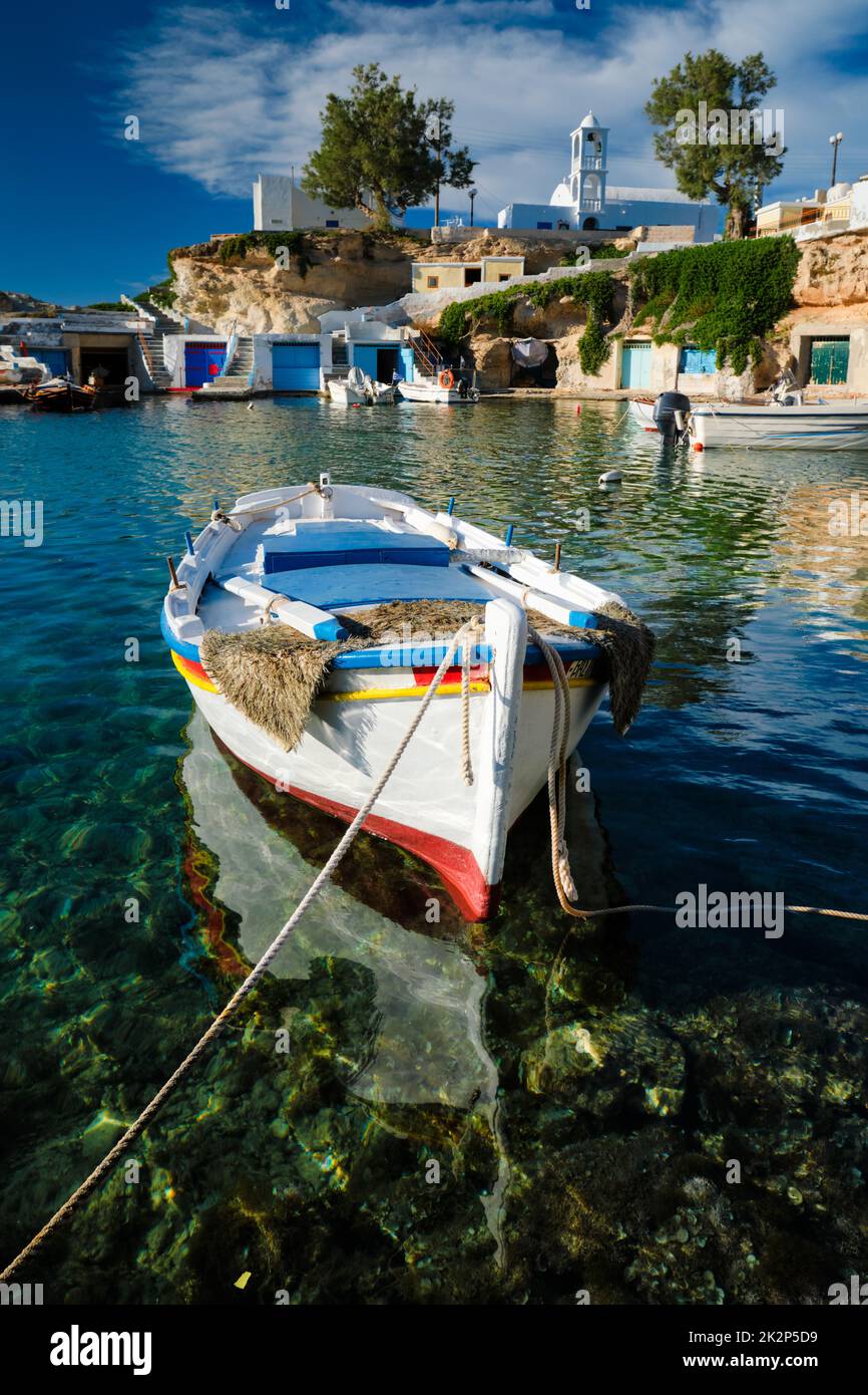 Fishing boars in harbour in fishing village of Mandrakia, Milos island ...