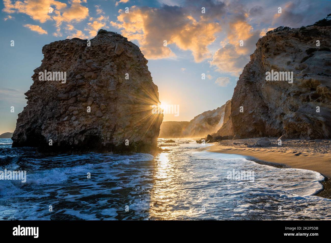 Fyriplaka beach on sunset, Milos island, Cyclades, Greece Stock Photo ...