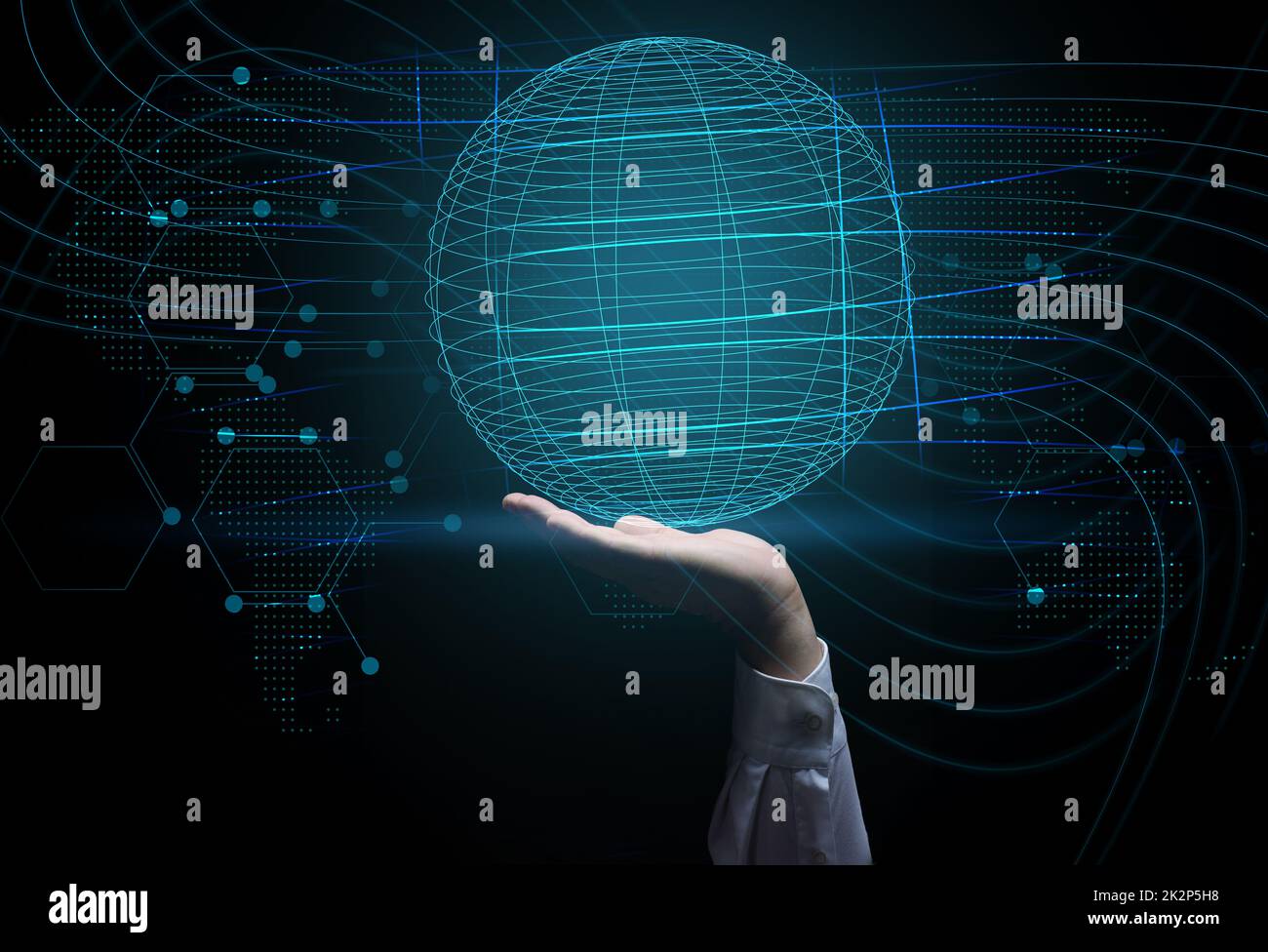 male hand touches the global virtual network of the globe. Information ...