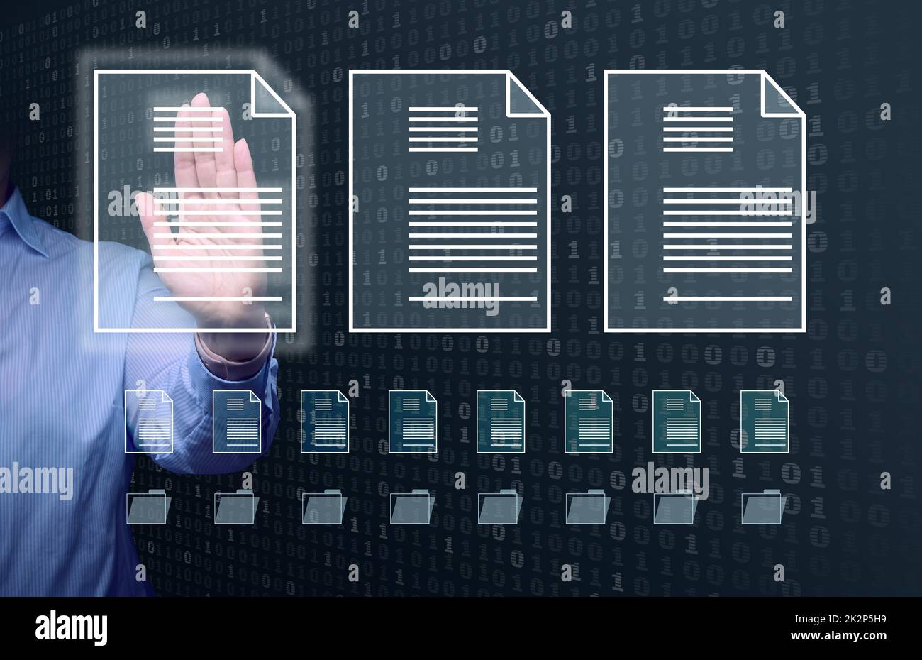 female hand checks documents on a holographic screen. The concept of ...