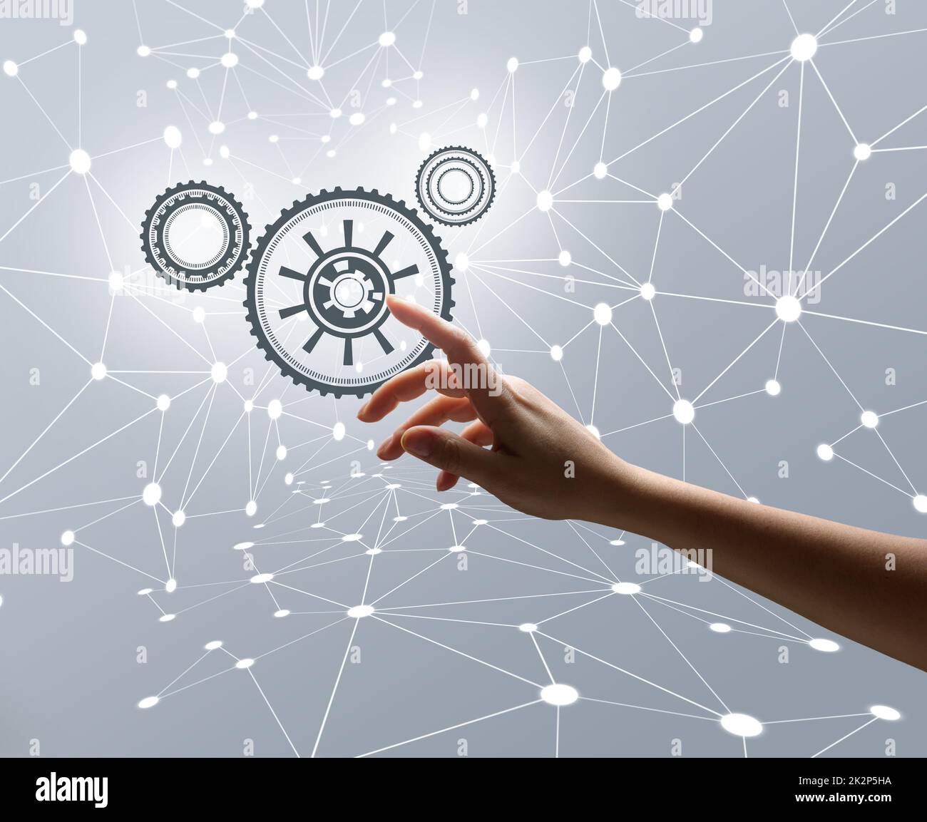 Woman's hand on a gray background with line connections and dots ...