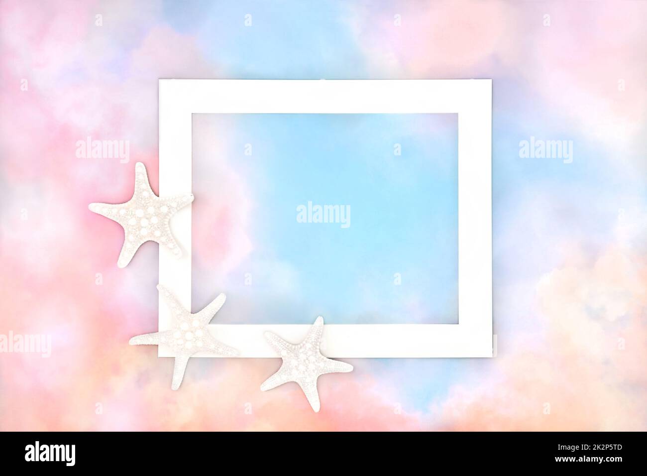Rainbow sky cloud background border with white frame and starfish sea ...