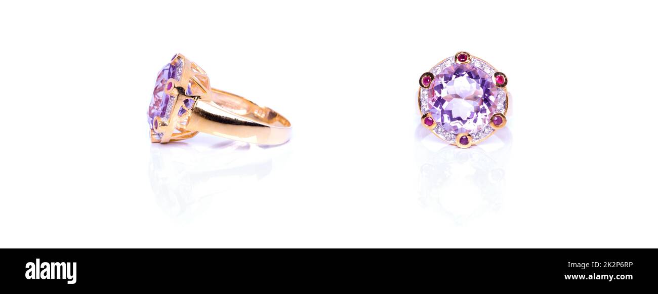 Amethyst, ruby and white zircon Jewel or gems ring on white background ...