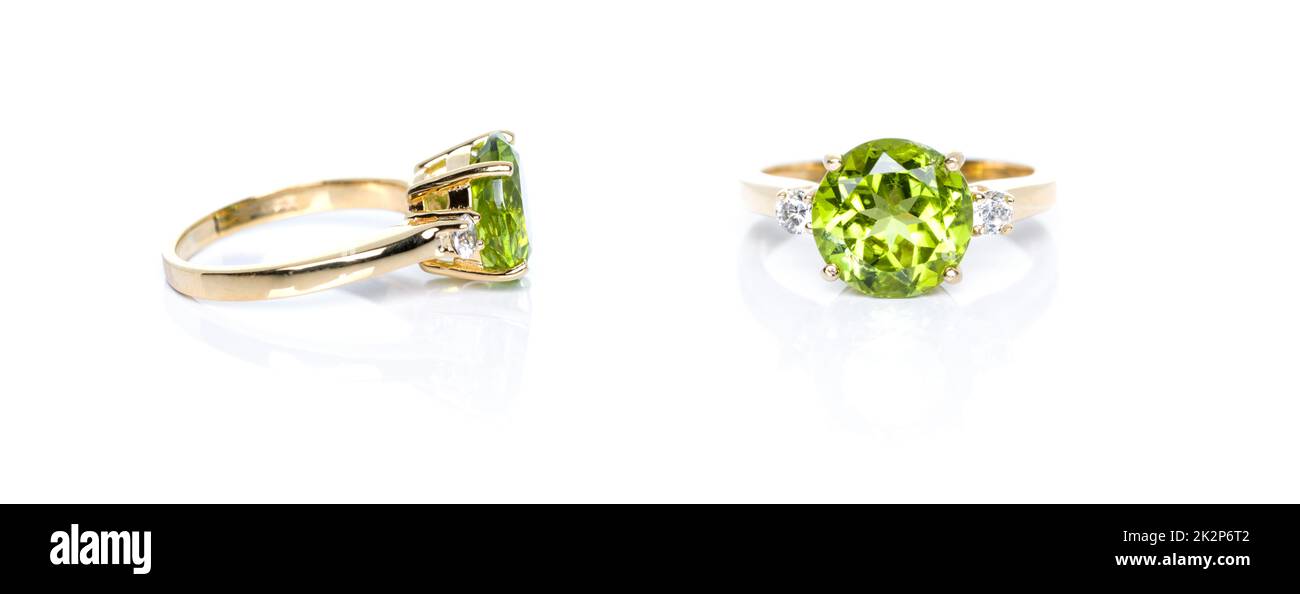 Peridot and Diamond Jewel or gems ring on white background with ...