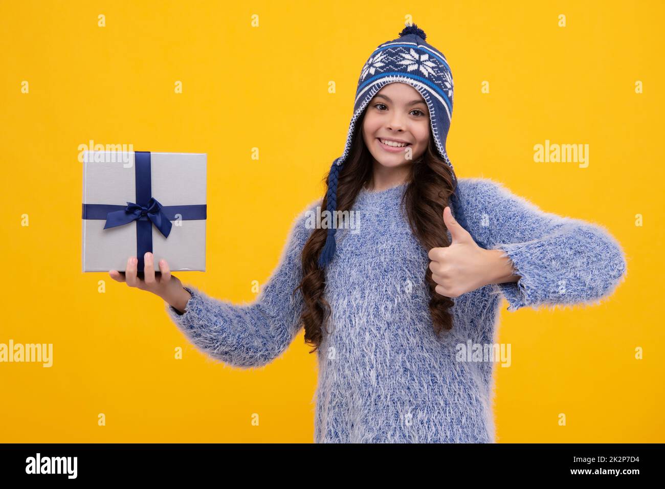 New Year or Christmas holiday gift. Child with gift present box on ...