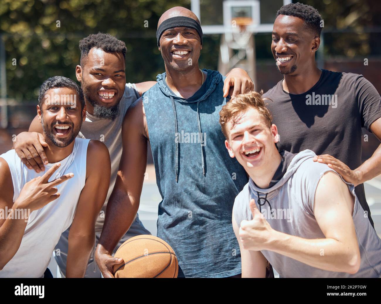 Portrait, sports or basketball team at court training for a game, match ...