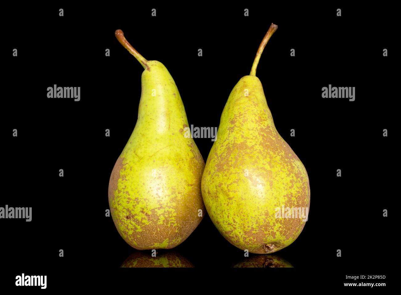 Two juicy green pears, macro, isolated on a black background Stock ...