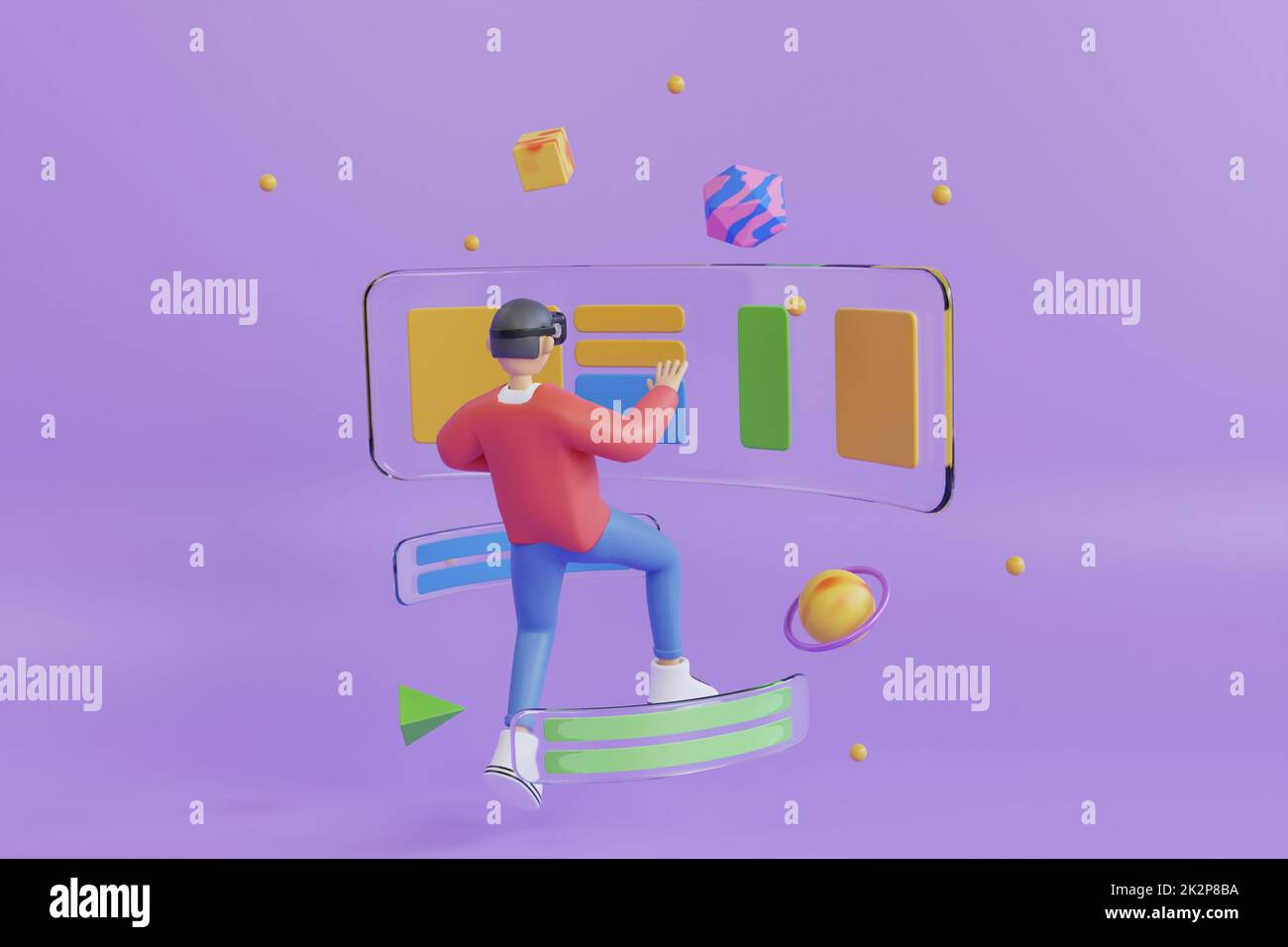 3D Man wearing technology and touching virtual reality in house ...