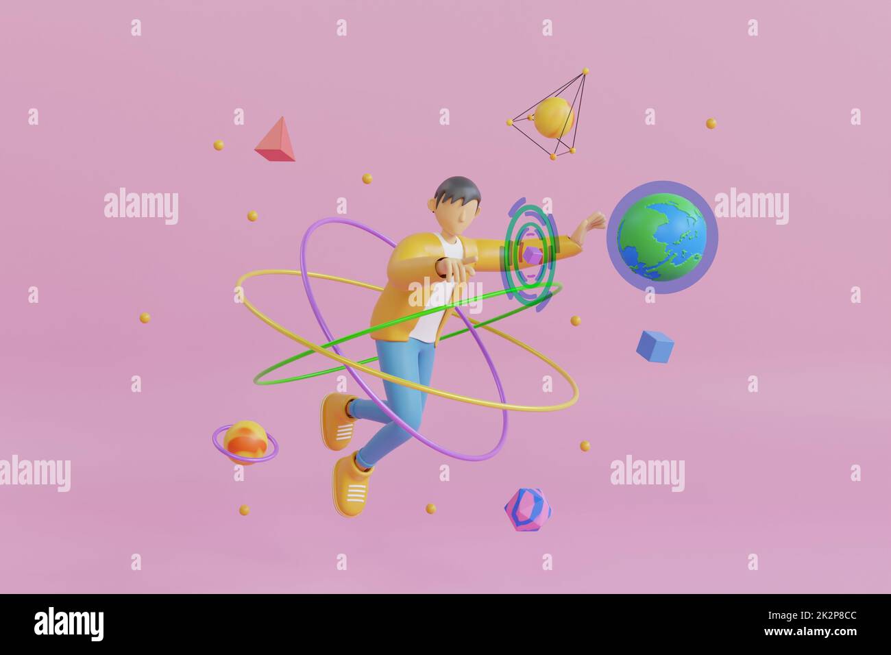 Teenager experience 3D virtual reality game in metaverse universe ...